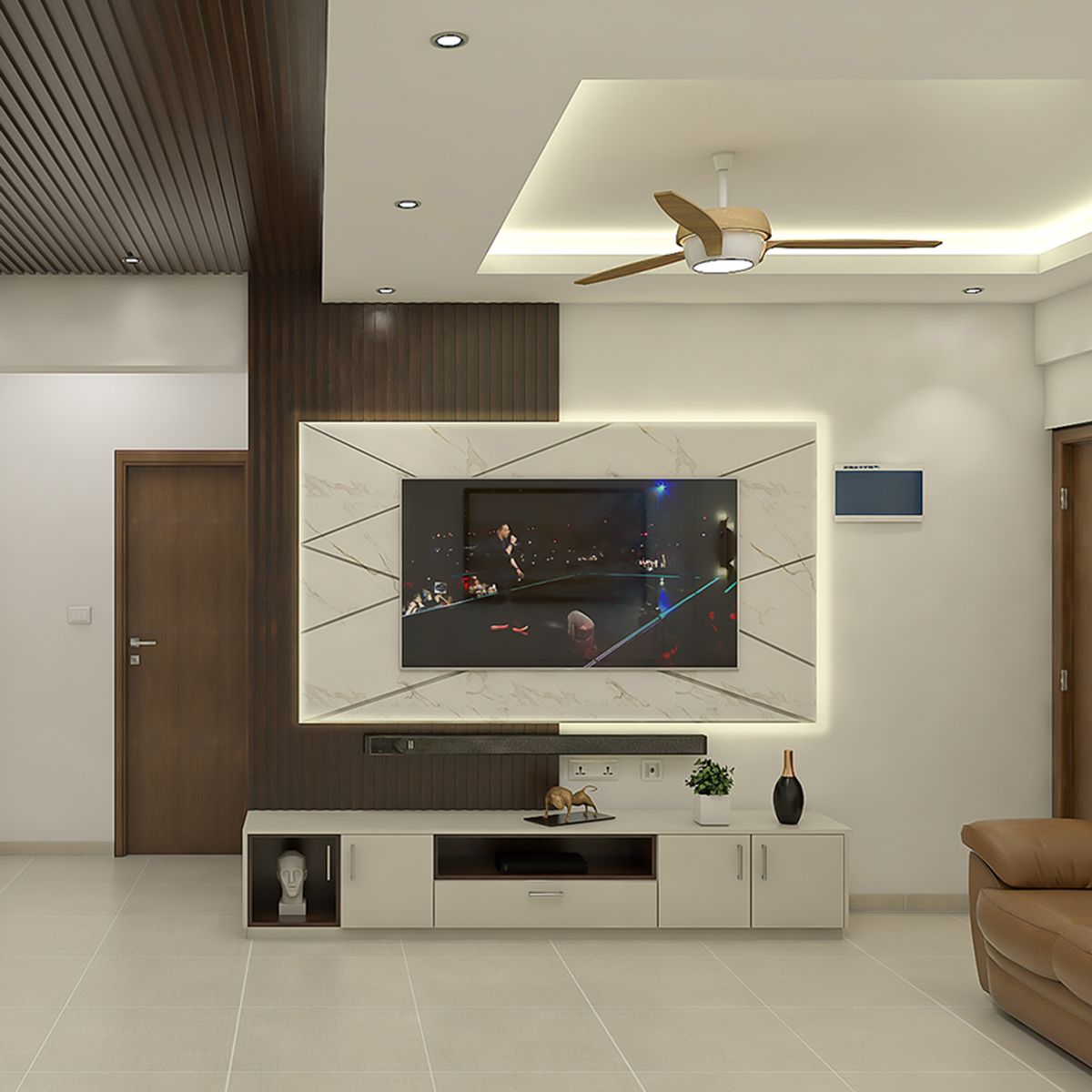 Modern White TV Unit Design Featuring Floating Shelves and Concealed ...