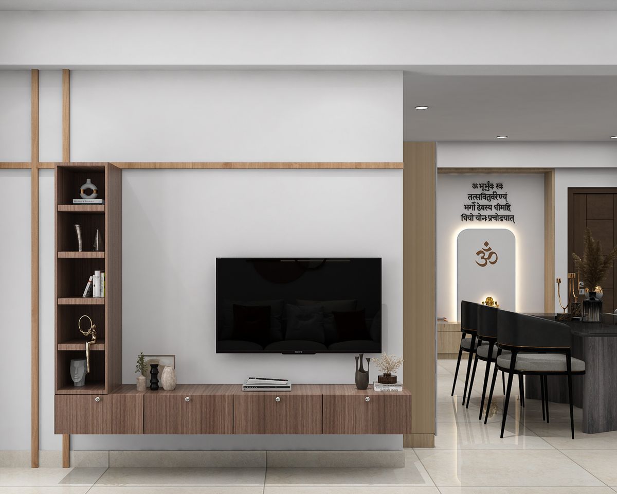 Warm Wood Modern TV Unit Design with Vertical Shelving Tower and Panel ...