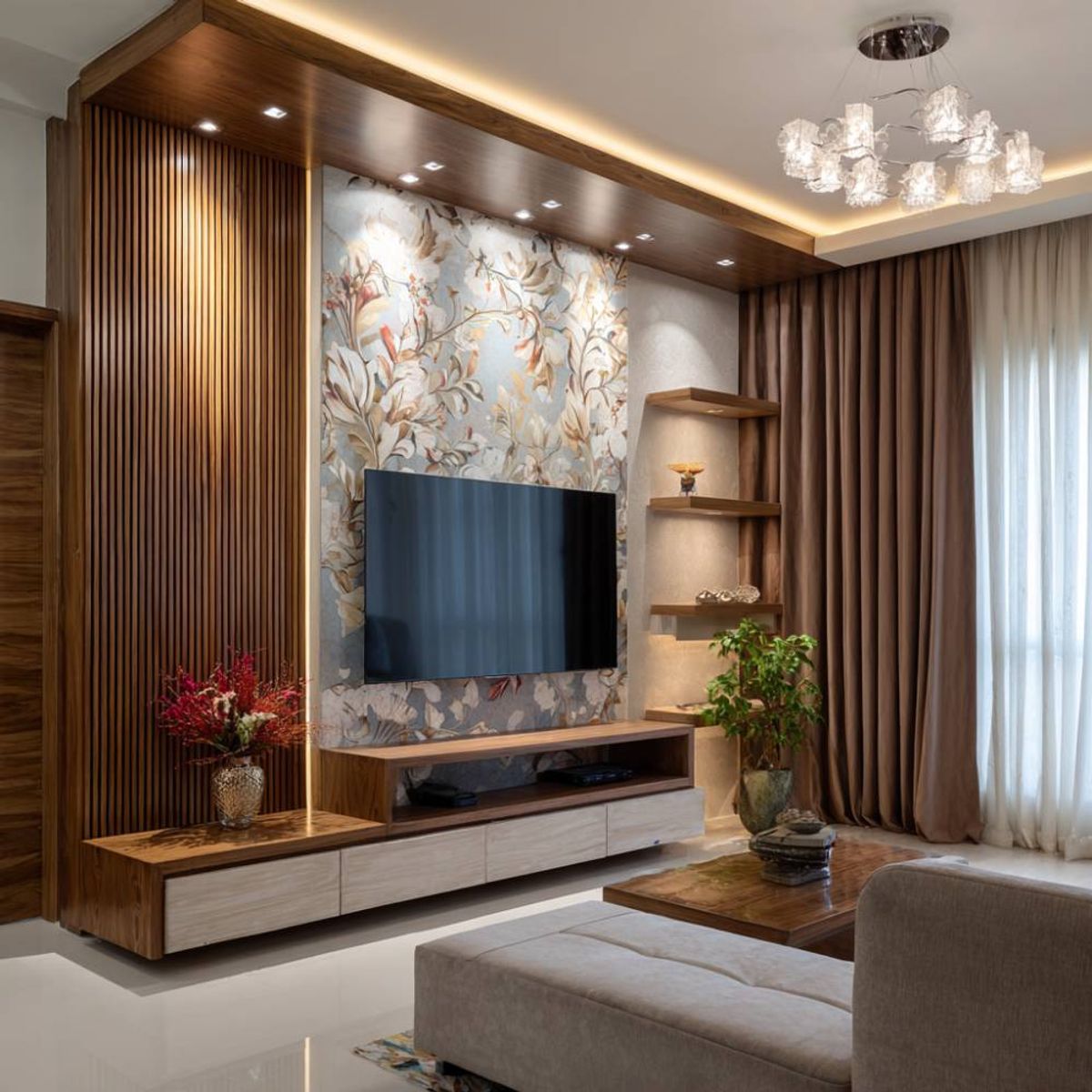 Contemporary Floral TV Unit Design with Floating Console Drawers | Livspace