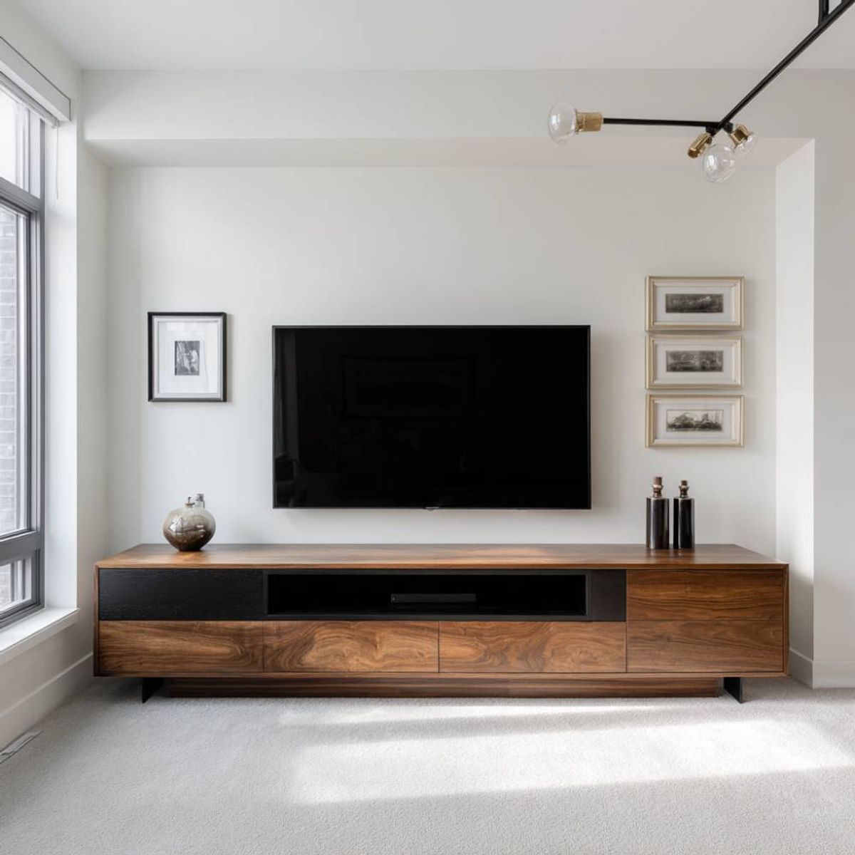Contemporary TV Unit Design with Walnut Black Panels and Open Display ...