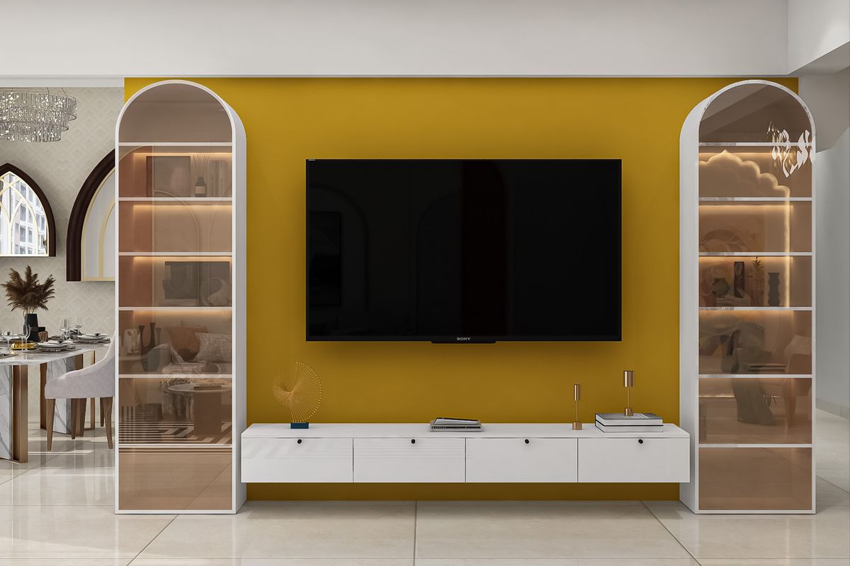 Modern White TV Unit Design With Glass Display Towers and Backlit ...