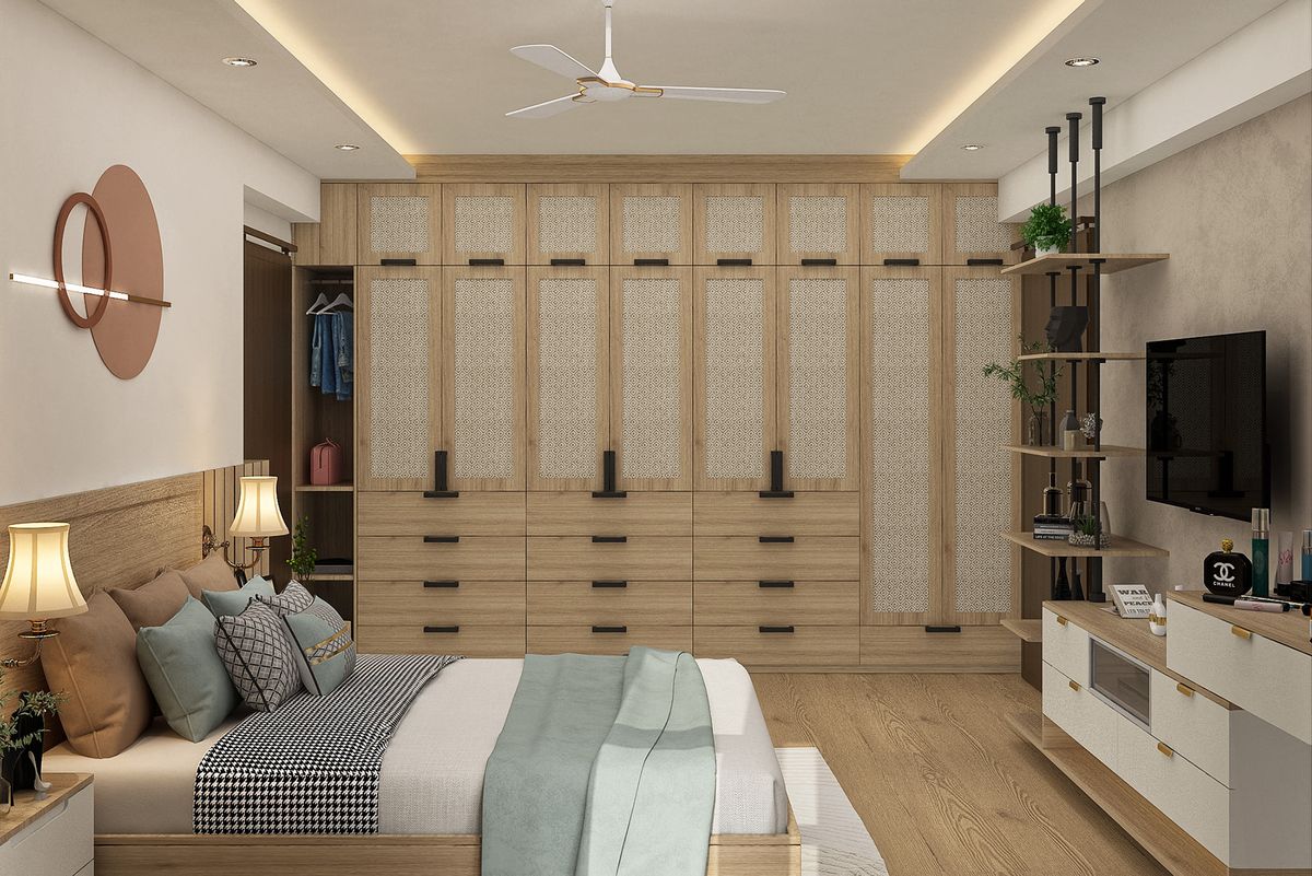8-Door Modern Swing Wardrobe Design With Wood and Beige Patterned ...