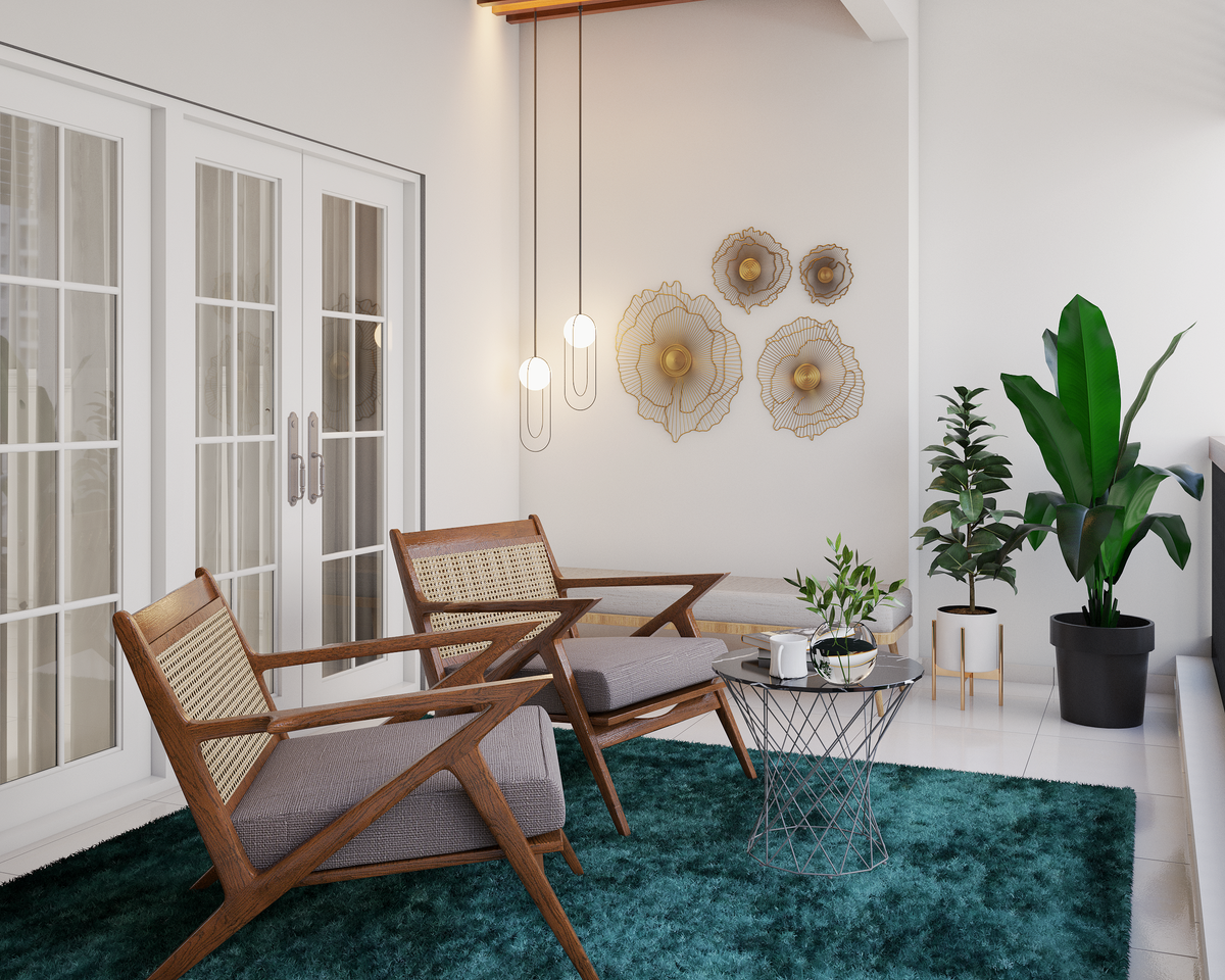 Spacious White Balcony Design With Blue Rug | Livspace