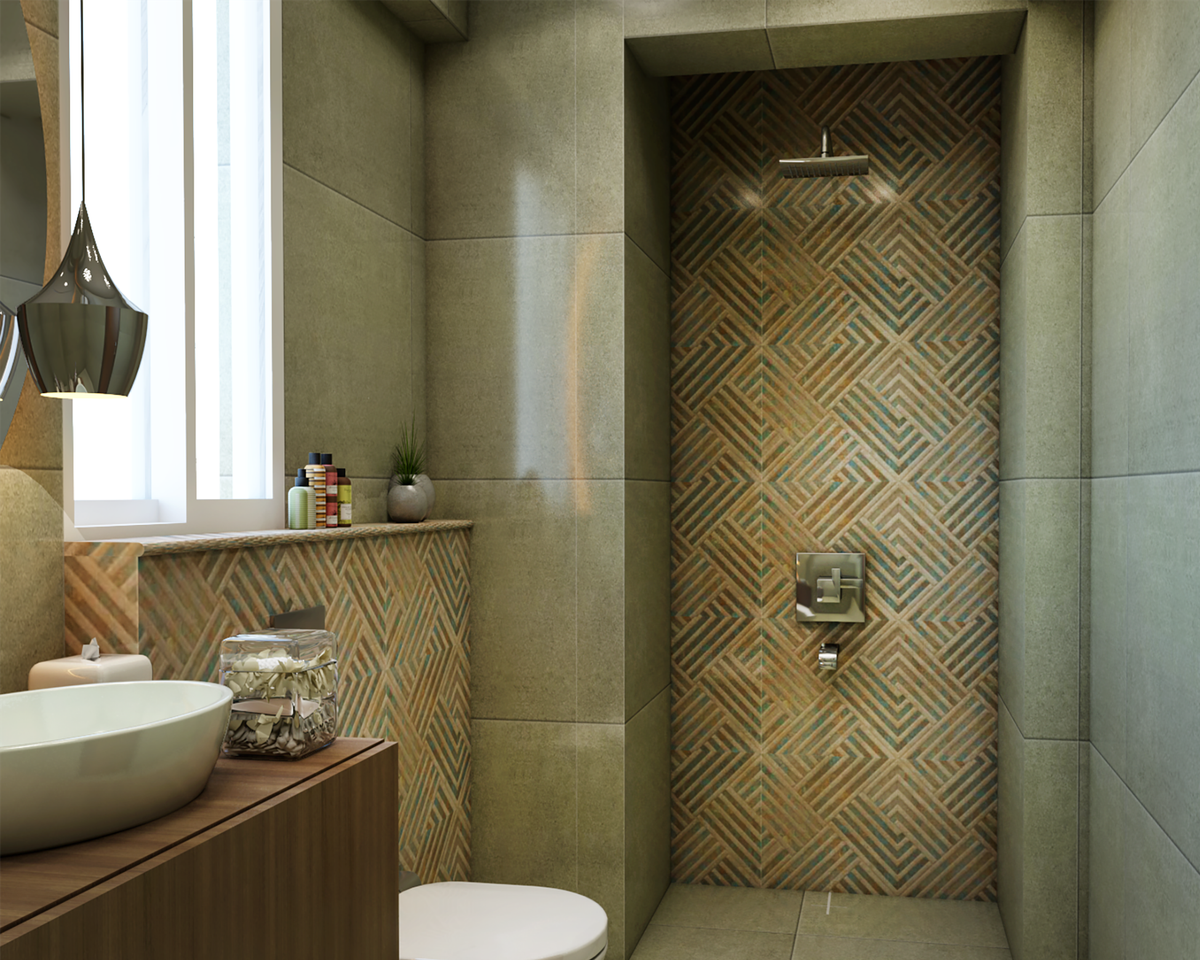 Glossy Green Bathroom Tile Design With A Wall Dado | Livspace