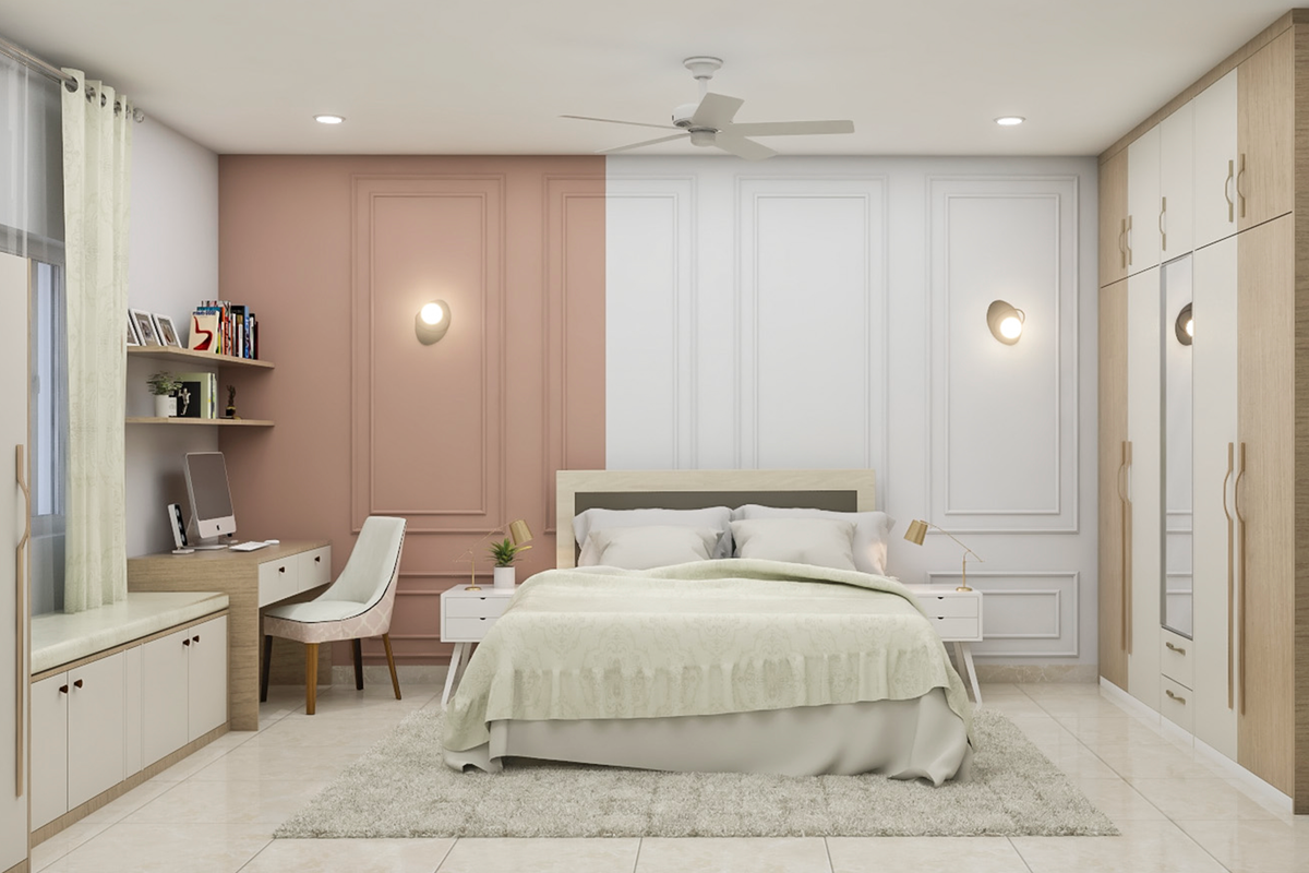 Light-Coloured Wall Paint For Bedrooms With Wall Sconce | Livspace