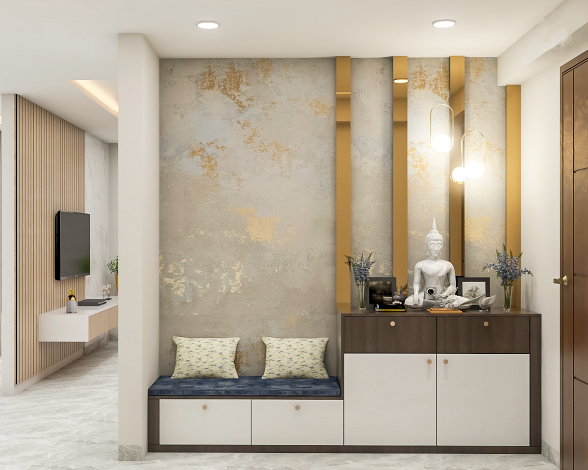 Modern Foyer Design With Golden Panels And Storage Unit | Livspace
