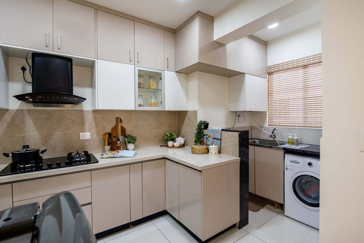 Beige Matte Ceramic Kitchen Tile Design | Livspace