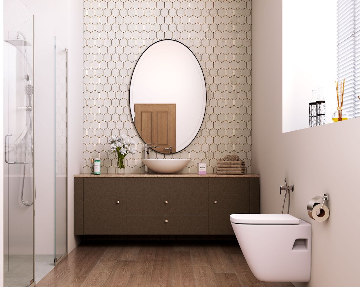 Matte Cream Hexagonal Bathroom Tile Design | Livspace
