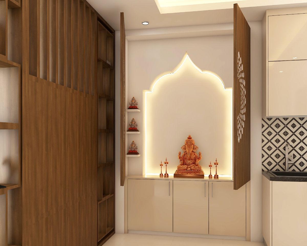 Spacious Floor-Mounted Mandir Design With Closed Shutters | Livspace