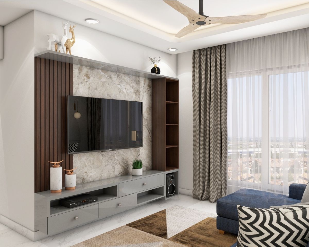 Wall-Mounted TV Cabinet With Wooden Rafters For The Back Panel | Livspace