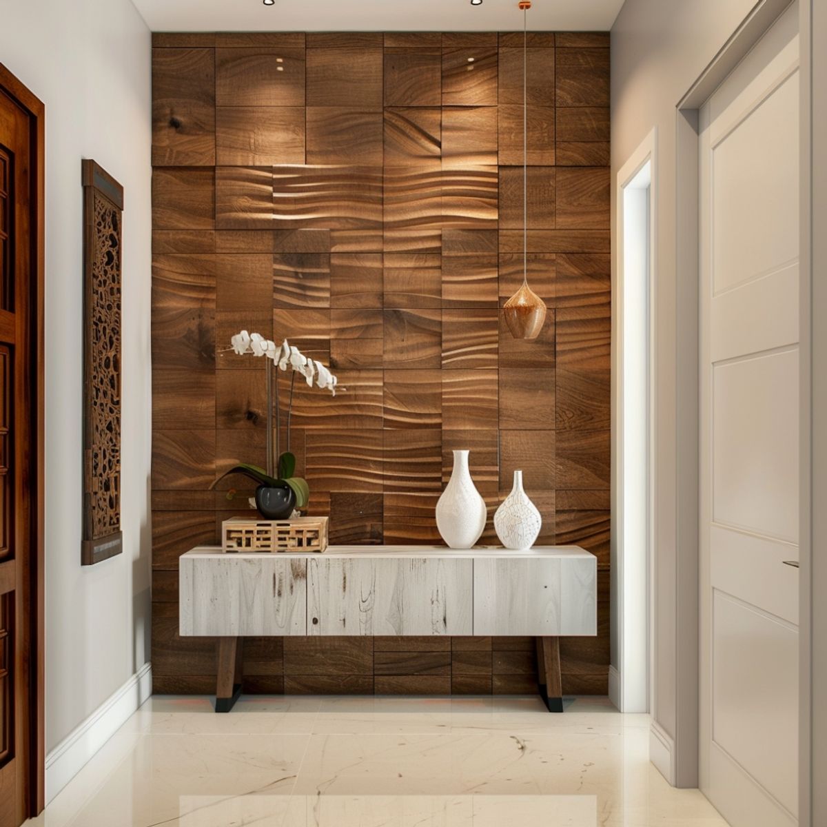 Wooden Wall Cladding: Mid-Century Modern Wall Design for Foyer | Livspace