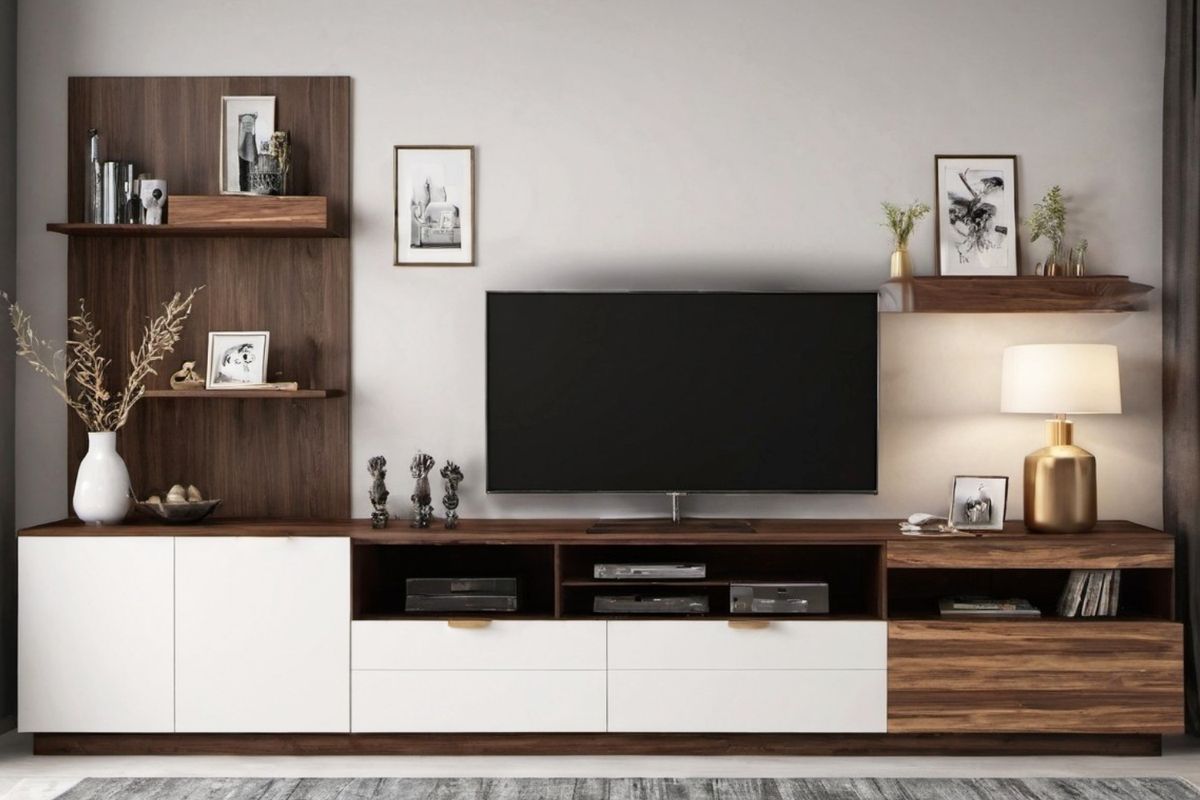 Traditional TV Unit Design: Brown & White With Open Storage Unit | Livspace