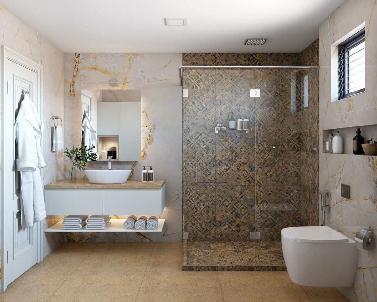 Bathroom Design with Vanity Storage, Marble Countertop in Modern Style ...