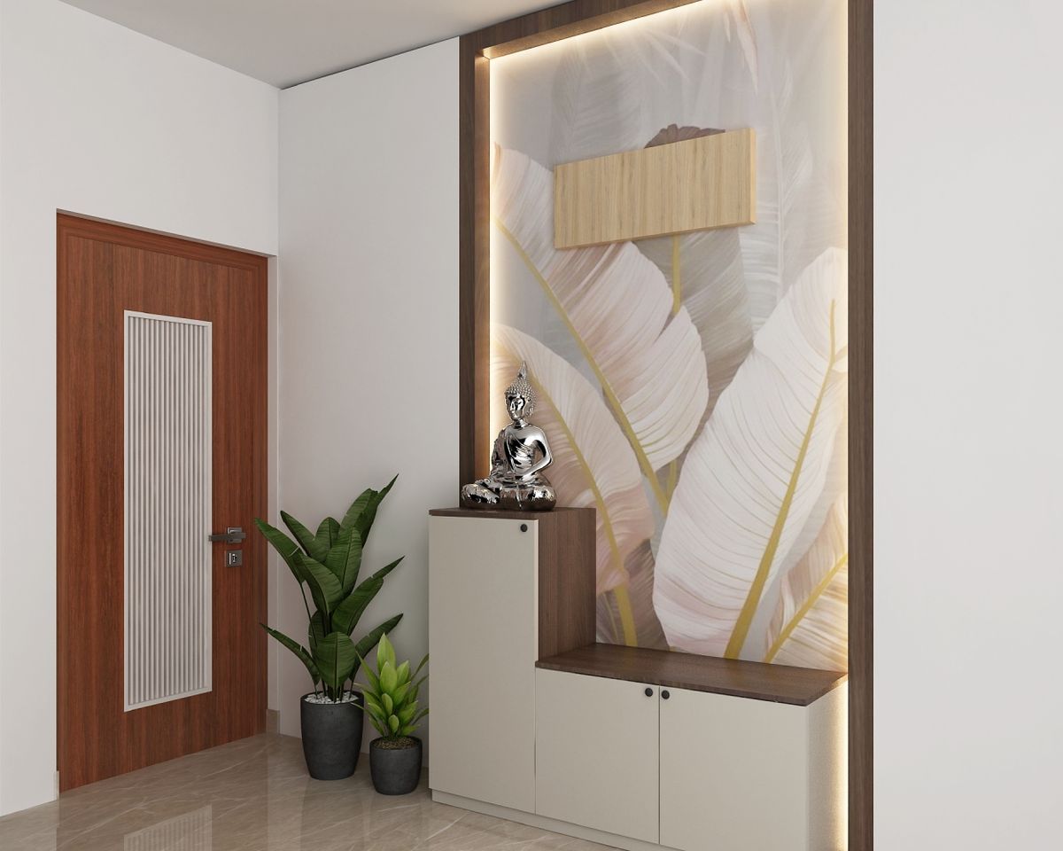 White And Wood Foyer Design With Leafy-Wallpaper Panel | Livspace