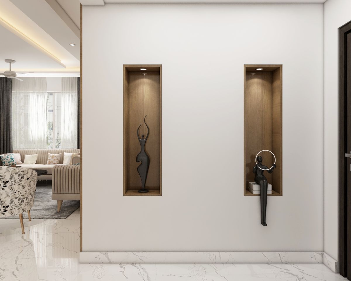 Compact White And Wood Foyer Design With Wall Niches | Livspace