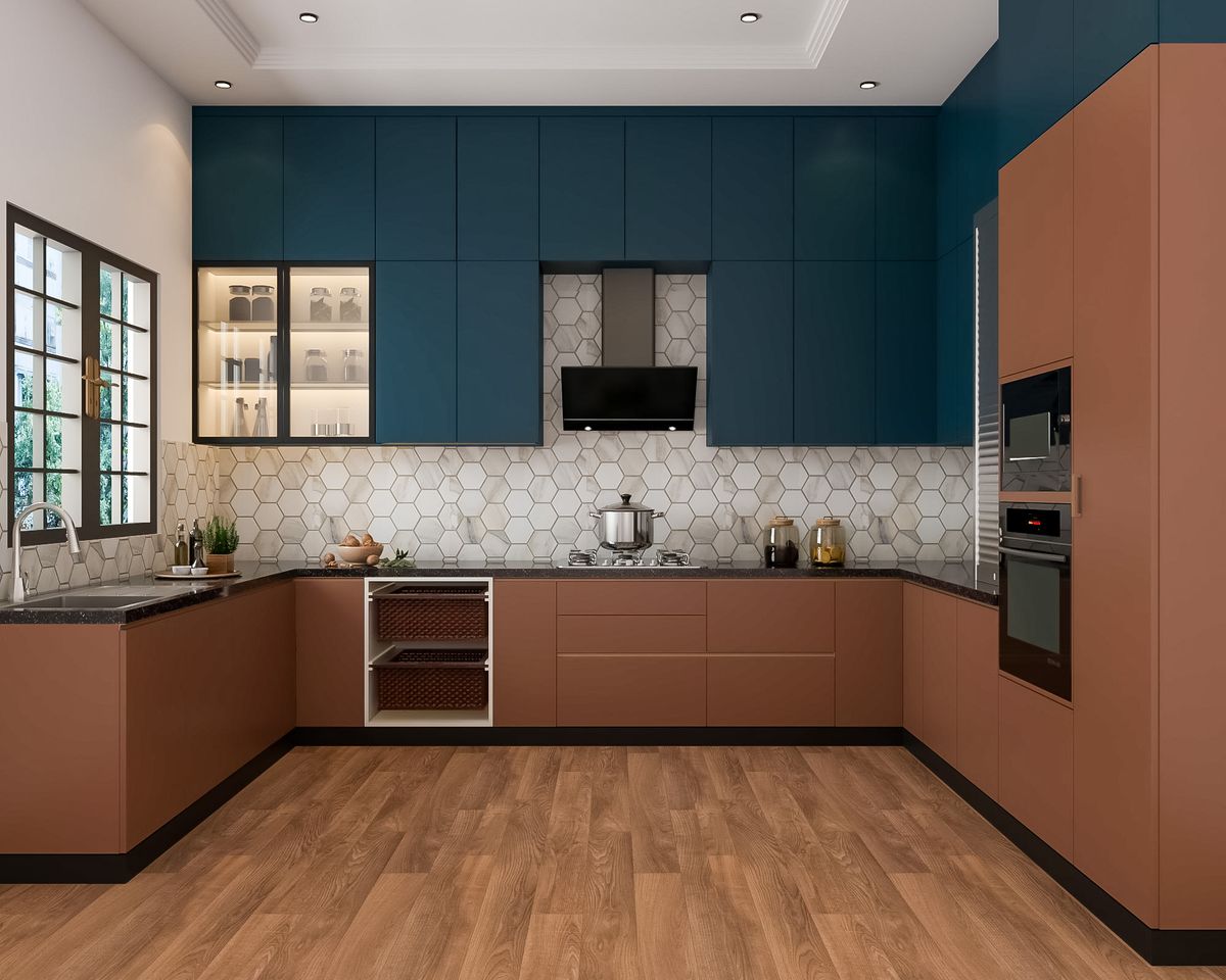 Contemporary U-Shape Kitchen Design with Falco and Shore Blue Cabinets ...
