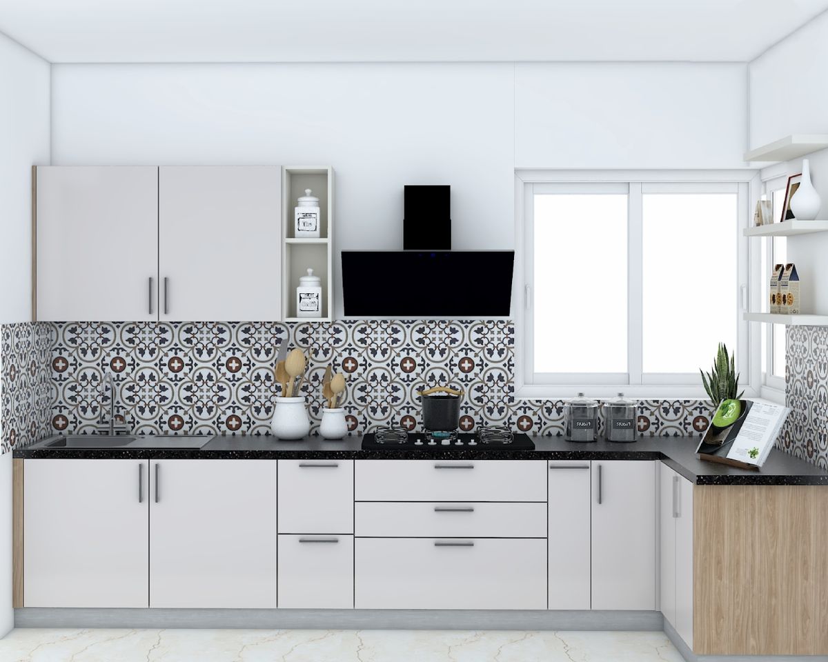 Modern L-Shape Kitchen Design with Metallic White Cabinets | Livspace