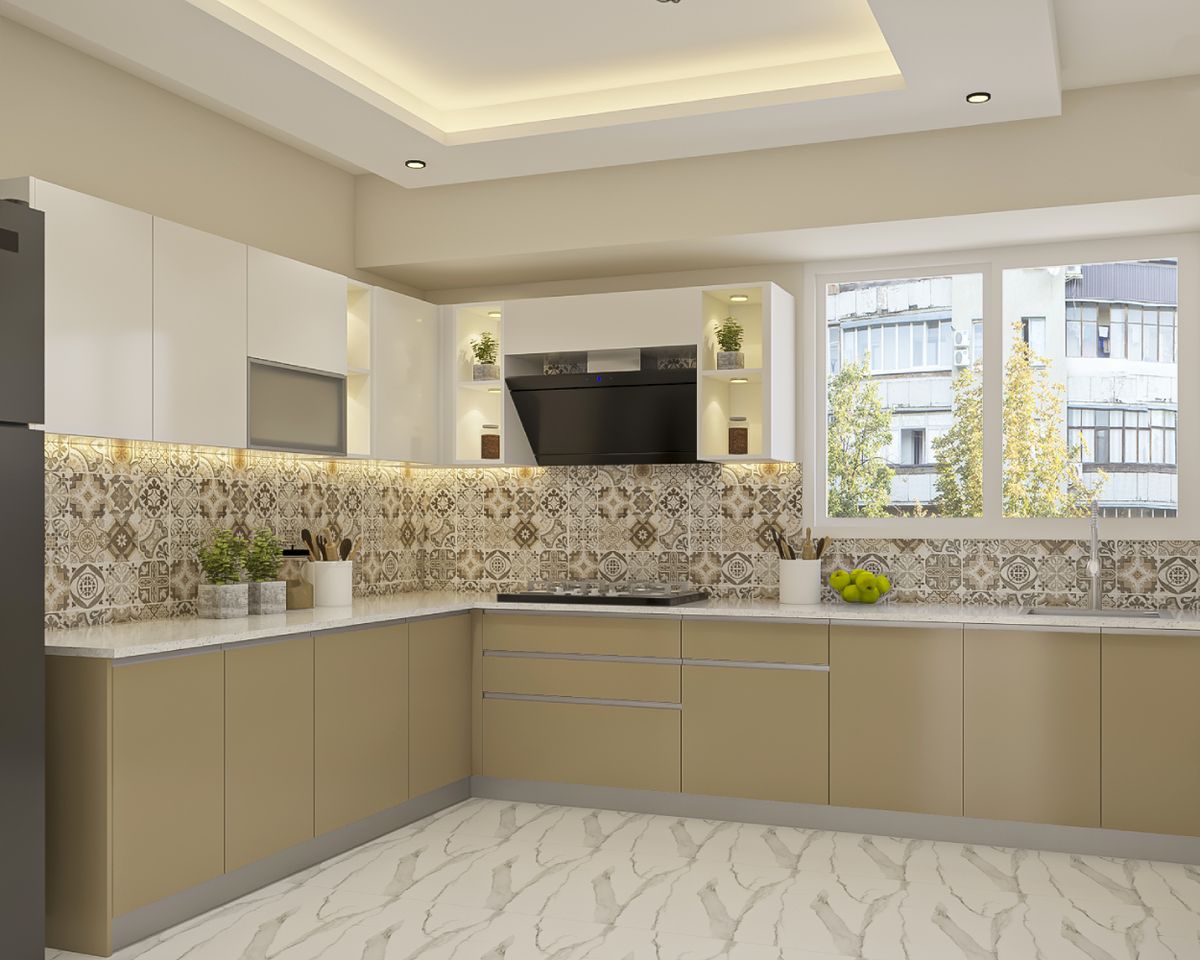 Contemporary L-Shape Kitchen Design with Irish Cream and Frosty White ...