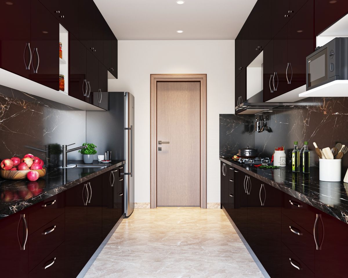 Black Modern Parallel Kitchen Design with Marble Countertops | Livspace