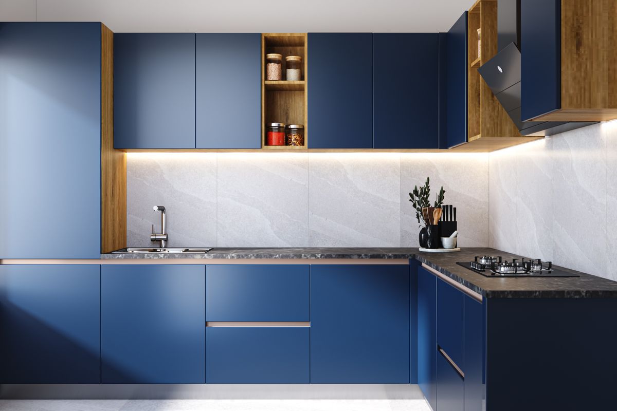 Kingfisher Blue Modern L-Shaped Kitchen Design: Marble Countertop and ...