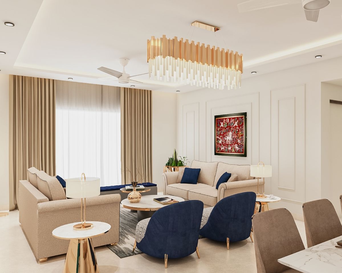 Large Family Contemporary Living Room Design: Seating & Lighting | Livspace