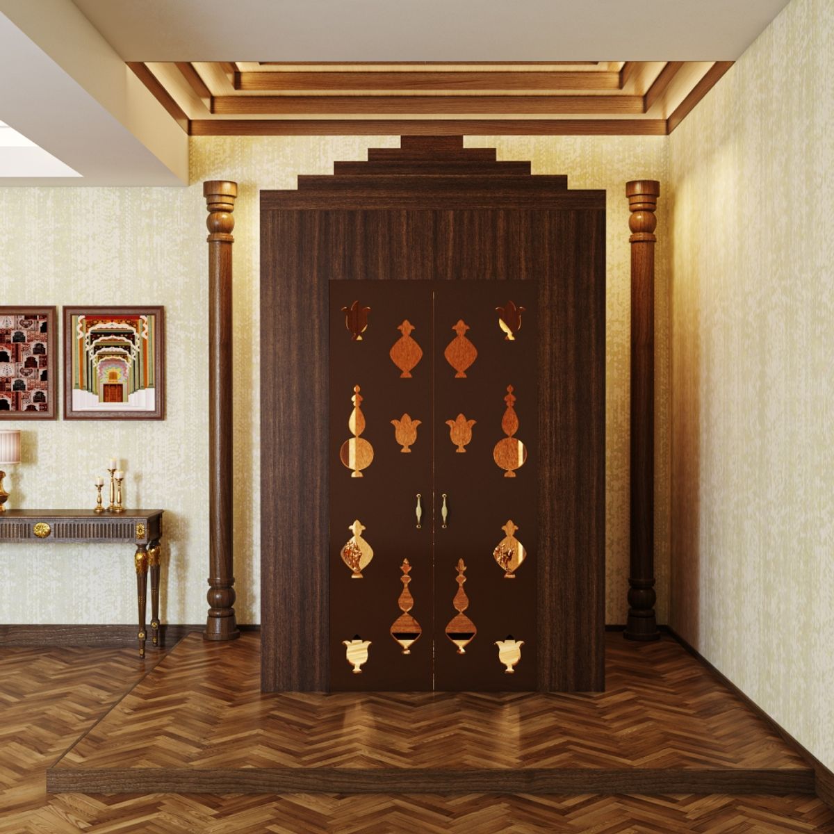 Wooden Traditional Pooja Unit Design with Storage and Tiered Top ...