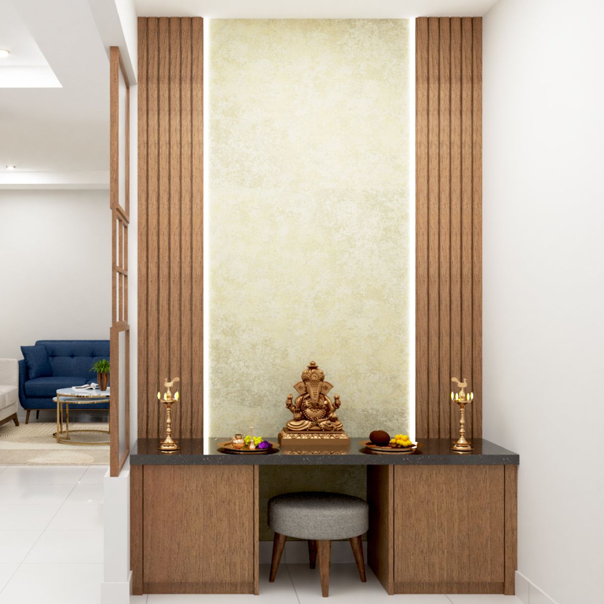 Compact Beige Mandir Design With Wooden Floor-Mounted Storage And ...