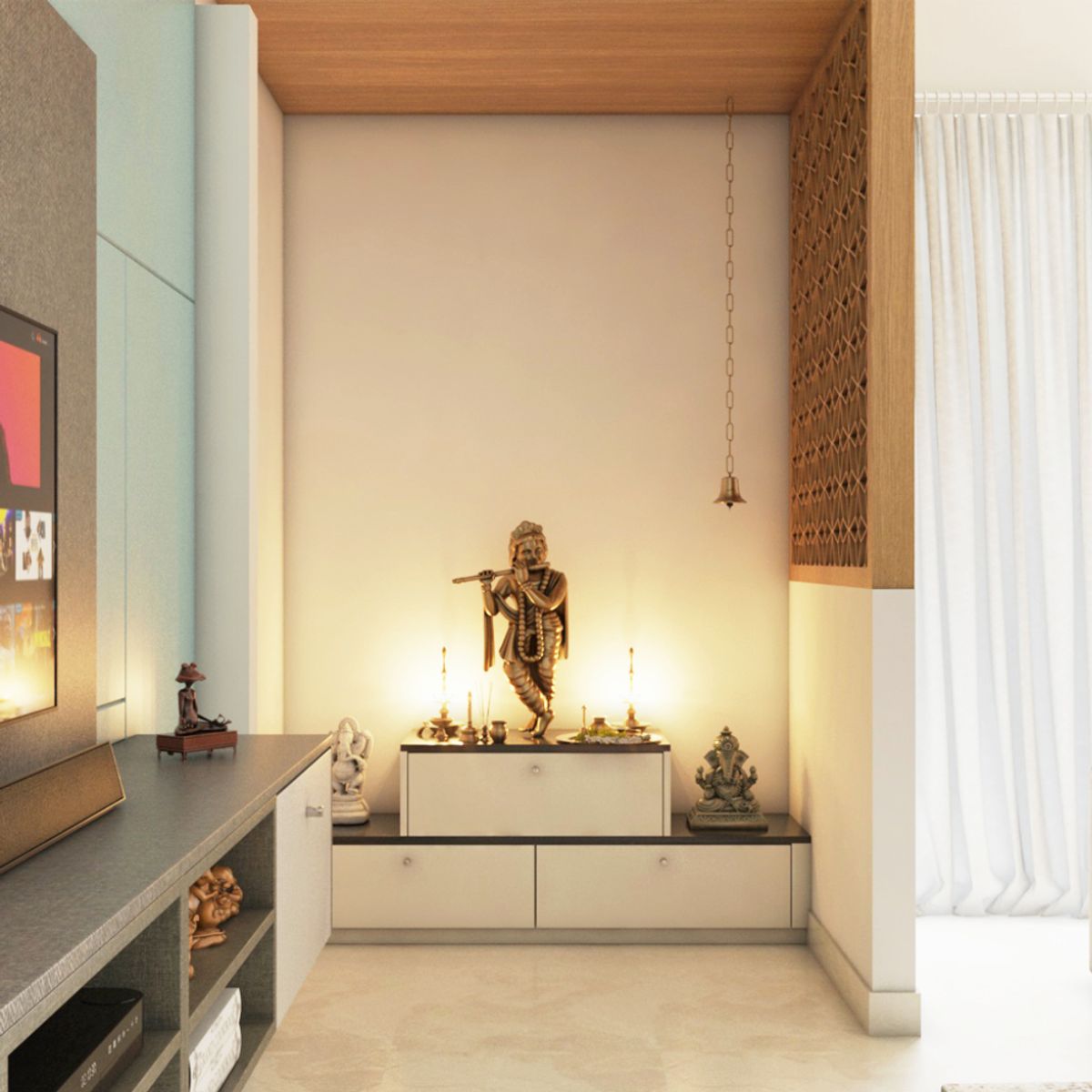 White And Wood Floor-Mounted Multi-Level Mandir Design | Livspace