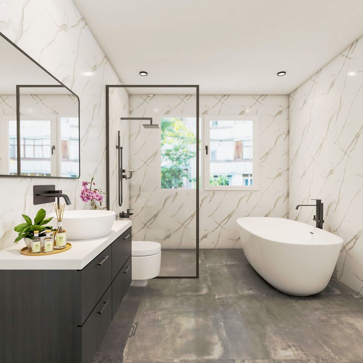 Spacious Dark Grey And White Bathroom Design With Glass Partition | Livspace