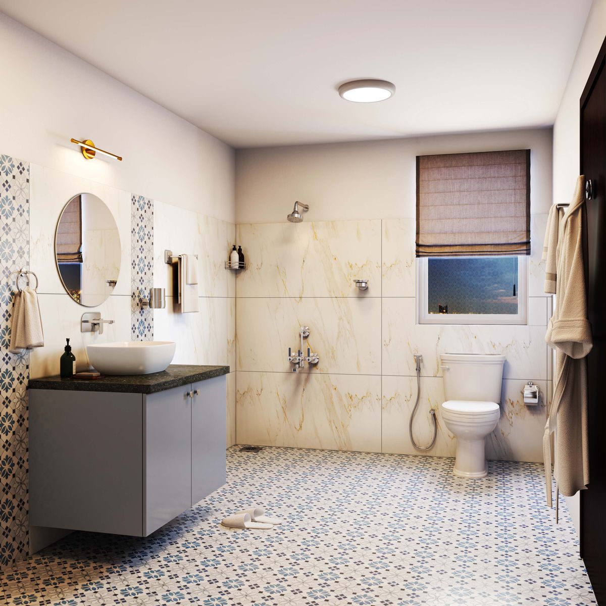 Modern and Stylish: White Marble Bathroom Design With Vanity and Round Mirror | Livspace