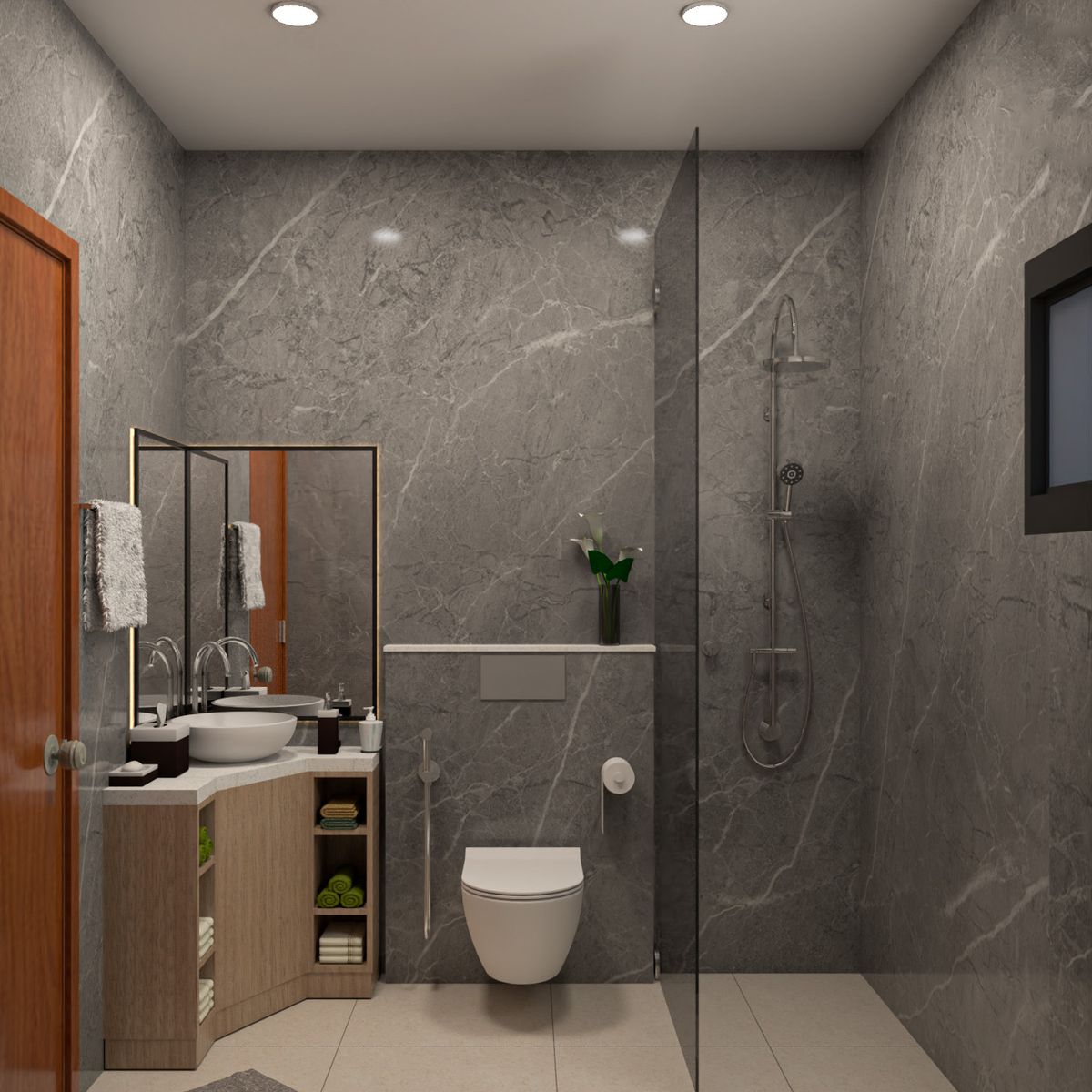 Contemporary Black Marble Bathroom with Vanity, Mirror and Shower Partition | Livspace