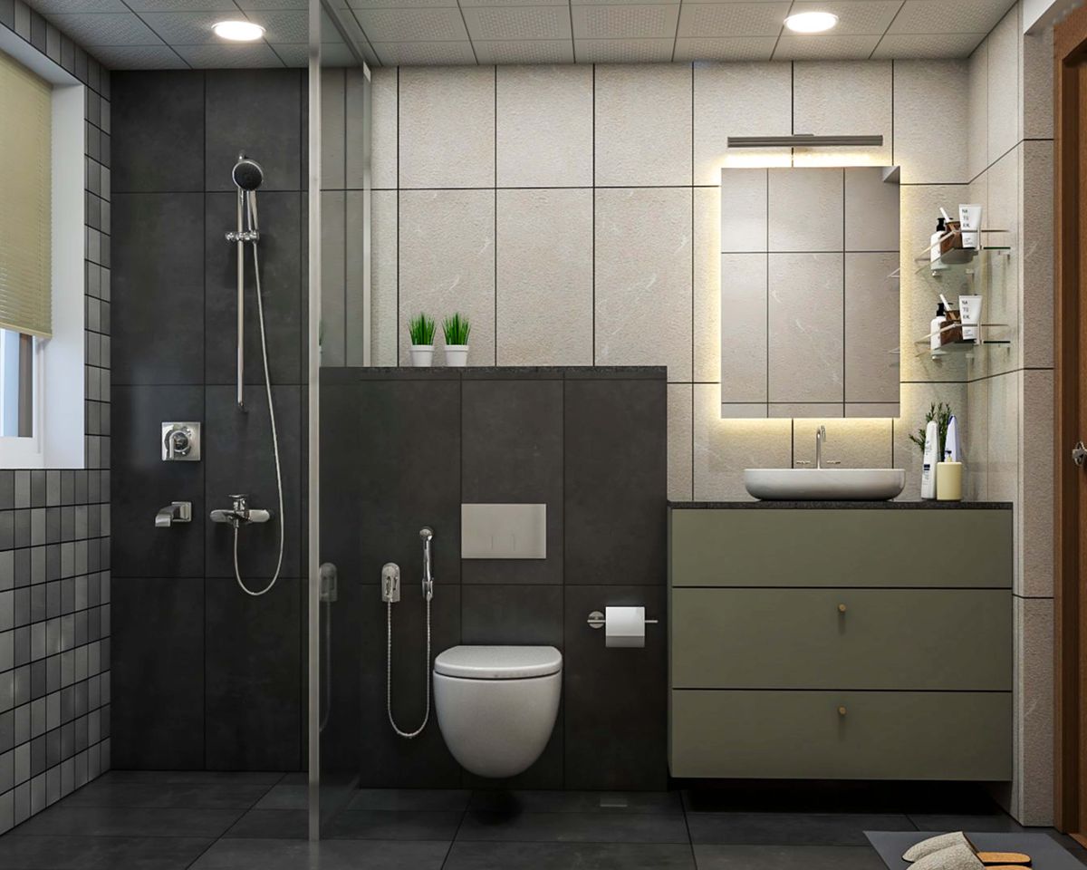 Cream and Black Modern Bathroom Design: Vanity, Mirror, and Glass Shower Partition | Livspace