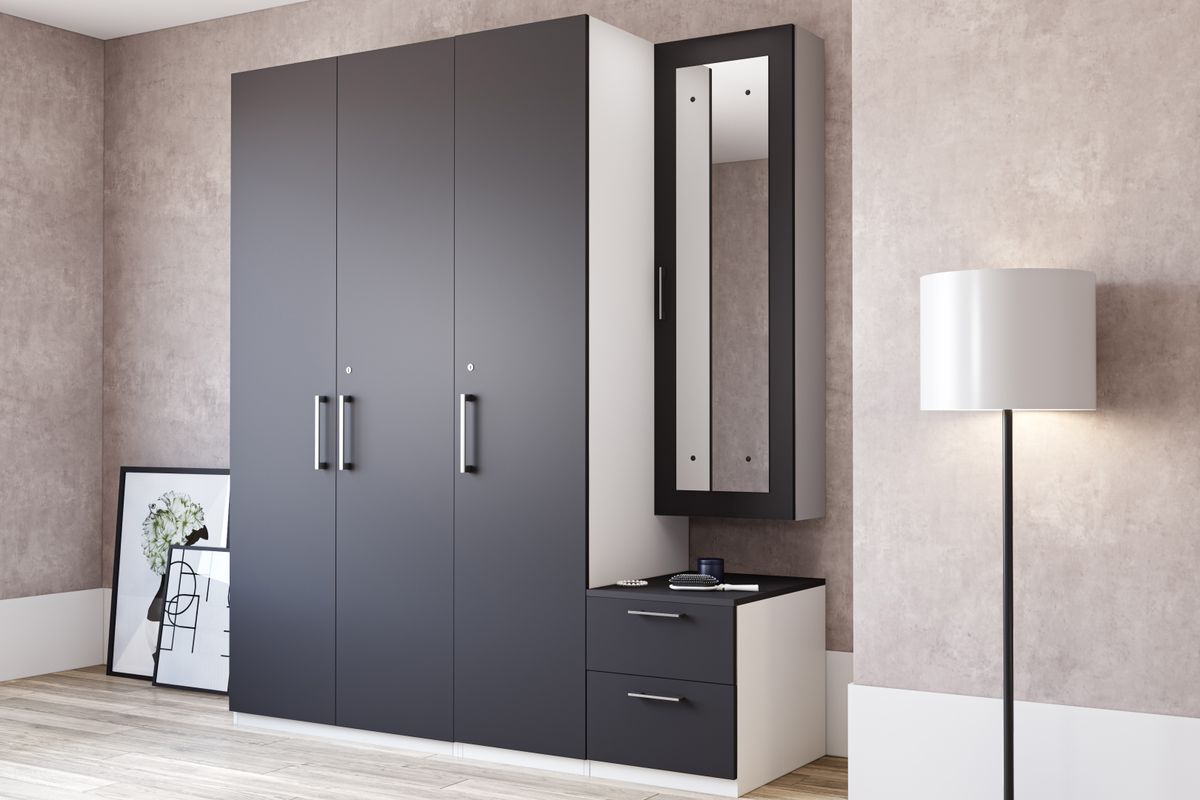 Contemporary Slate Colour 3-Door Swing Wardrobe with Integrated Dresser ...