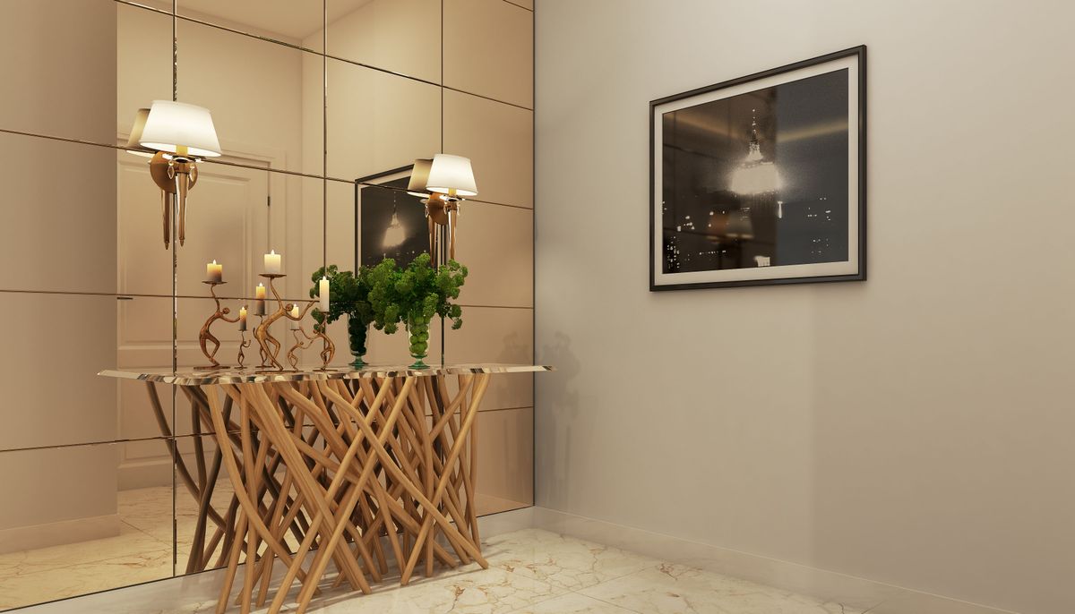 Spacious Foyer Design With Tree-Branch Console And Gold-Toned Bevelled ...