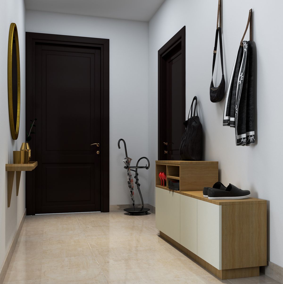 Spacious Wood And White Foyer Design With Stepped Storage Unit | Livspace