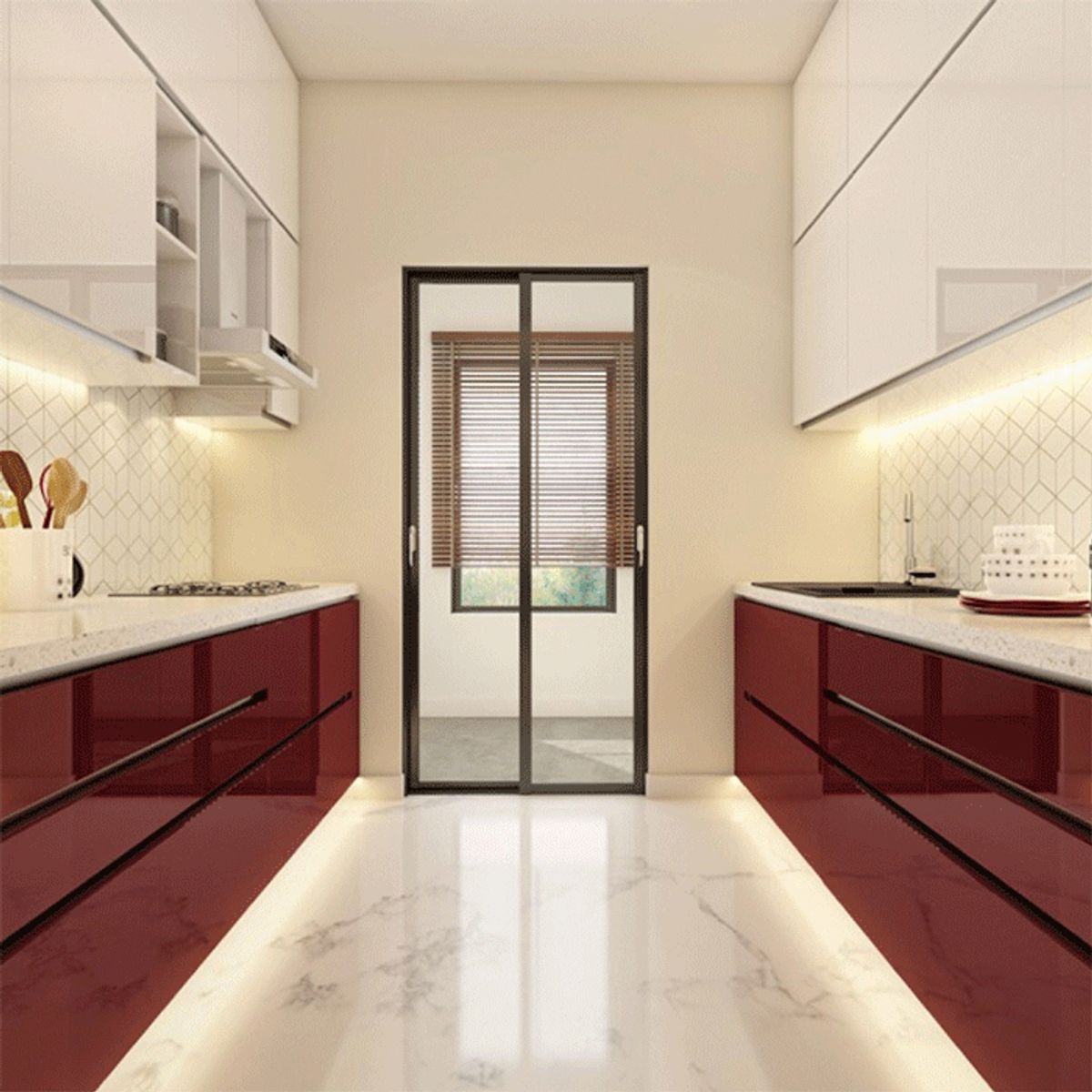 Spacious Red And White Parallel Kitchen Design With Hexagonal ...