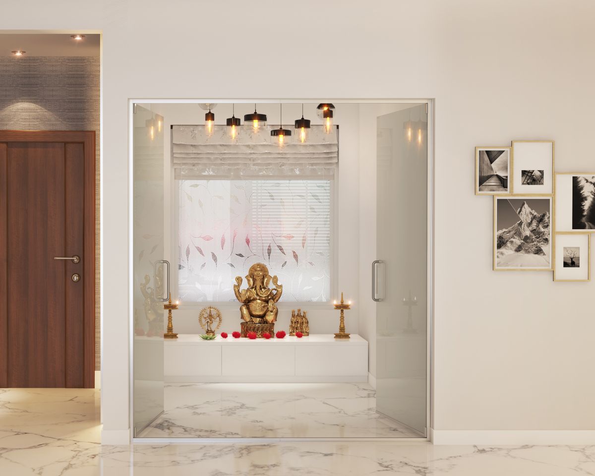 Spacious White Pooja Room Design With Floor-Mounted Unit | Livspace