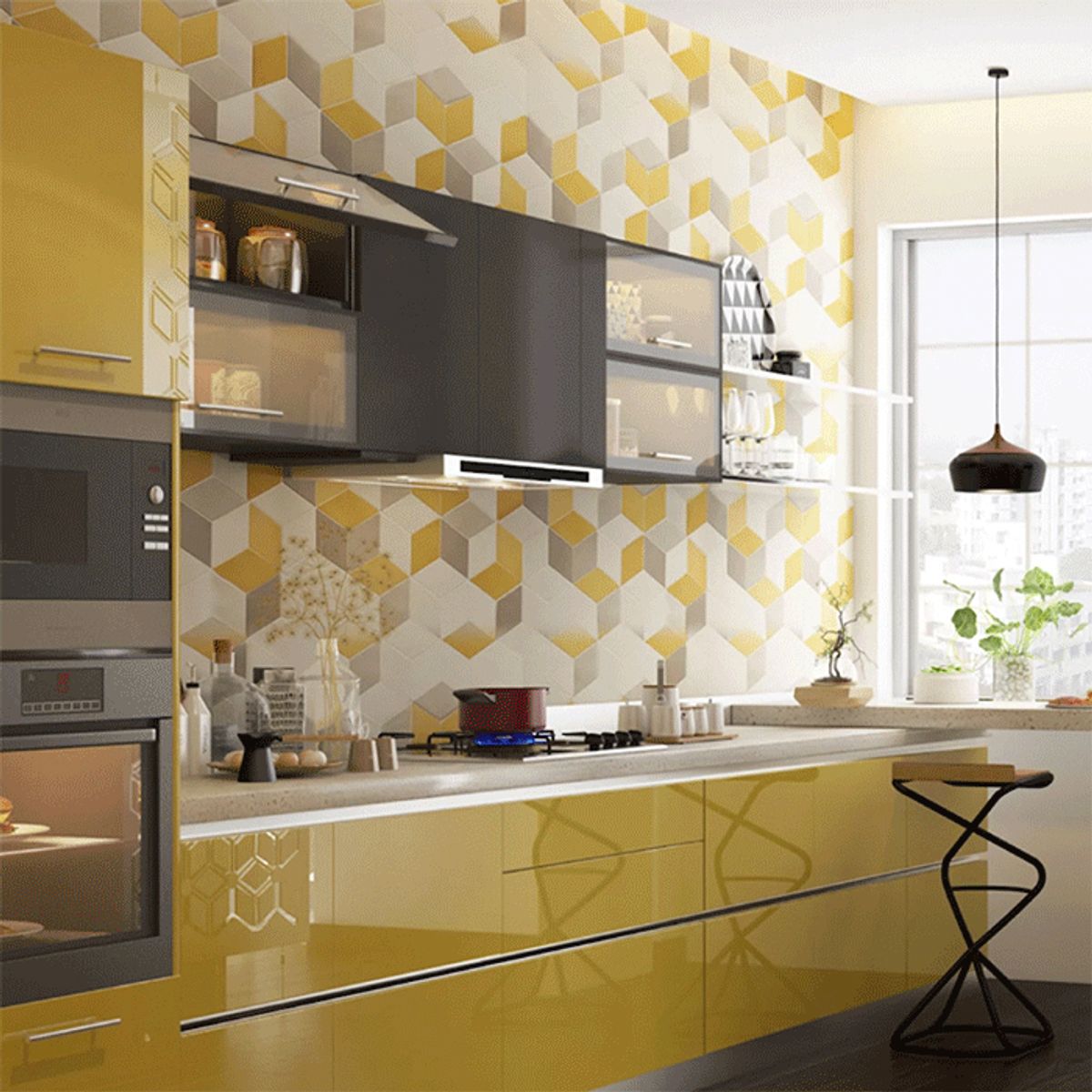 Grey-White And Yellow Modern Hexagonal Kitchen Tile Design | Livspace