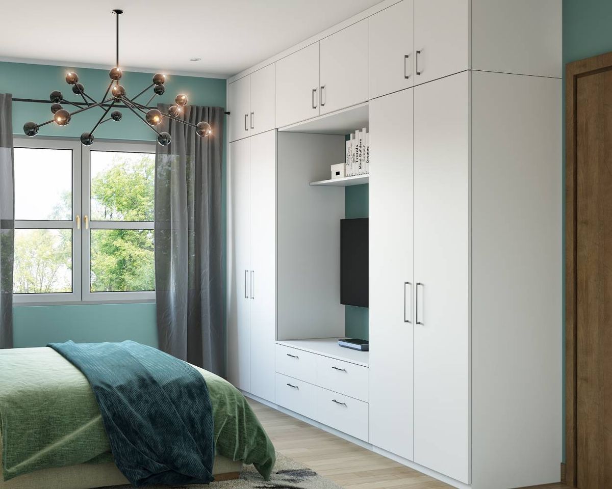 White 4-Door Swing Wardrobe Design With Integrated TV Unit Design ...