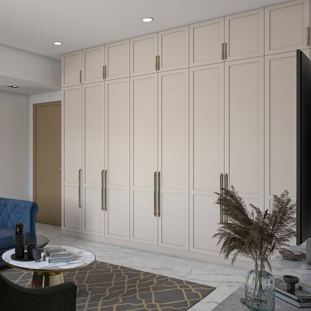 Spacious 9-Door Swing Wardrobe Design With Sand Satin Tones | Livspace
