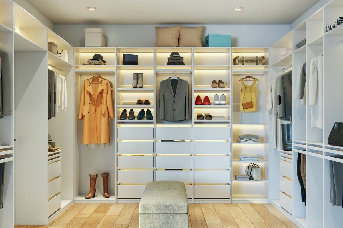 White Doorless Walk-In Wardrobe Design In White | Livspace