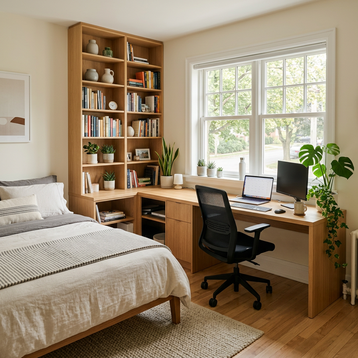 Contemporary Oak Brown Home Office Design with Bedroom Workspace ...