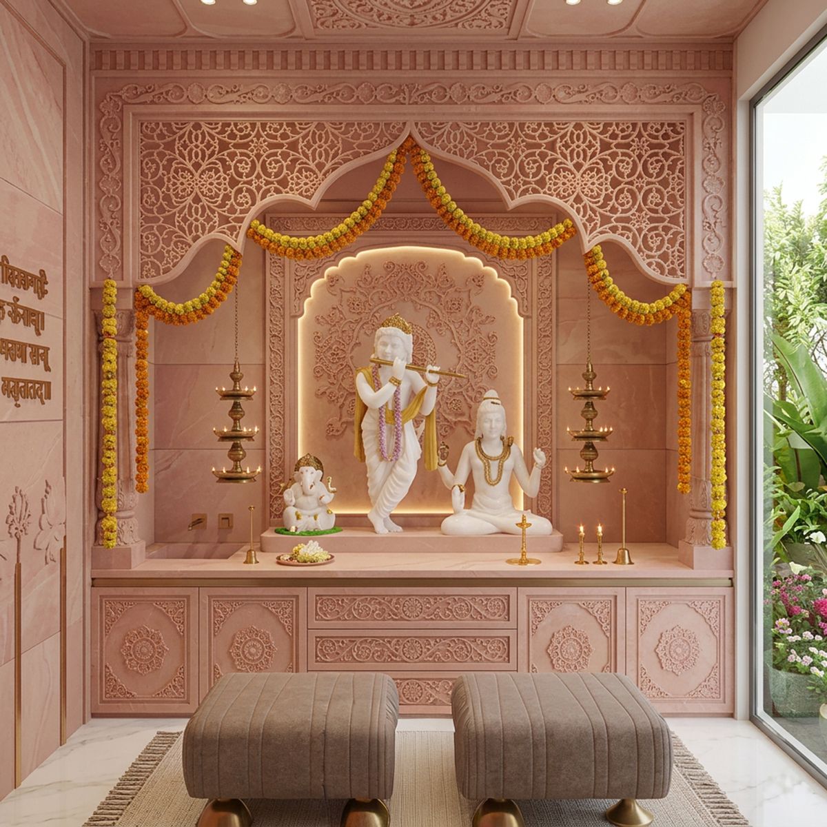 Indian Traditional Pooja Design with Blush Pink CNC Carved Marble Walls ...