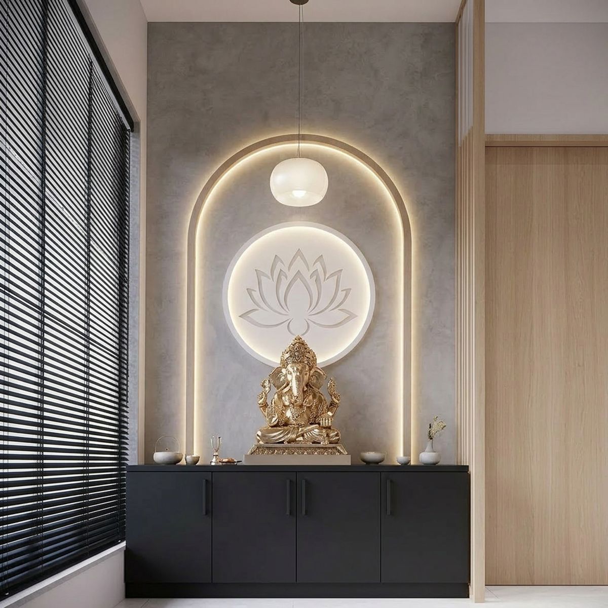 Contemporary Pooja Design with White Lotus Relief and Backlit Arched ...