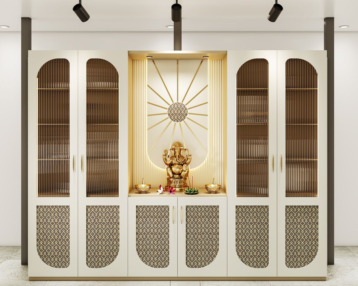Transitional Pooja Design with Sunburst Motif and Cream Gold Cabinets ...