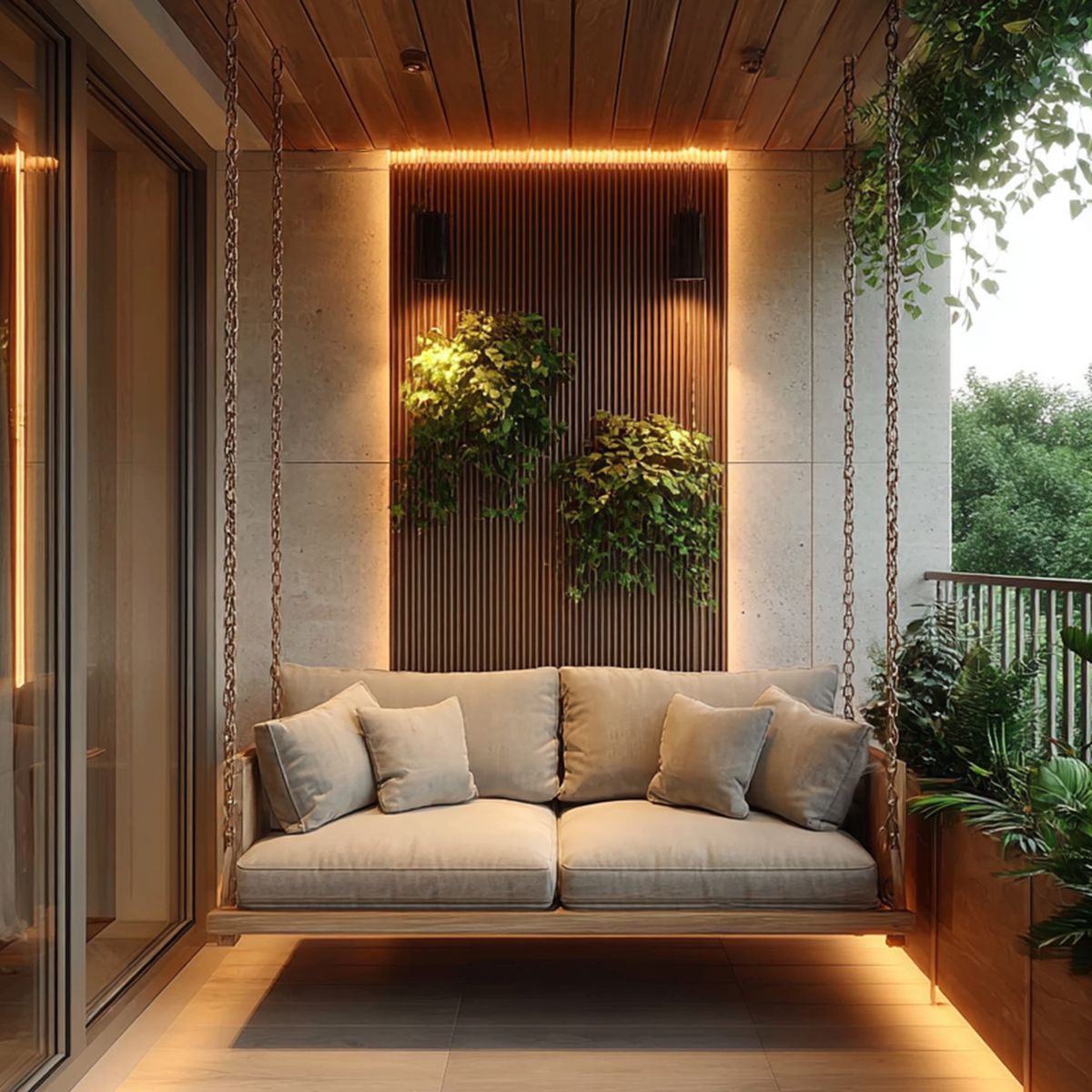 Contemporary Balcony Design with Wooden Swing and Vertical Slats | Livspace