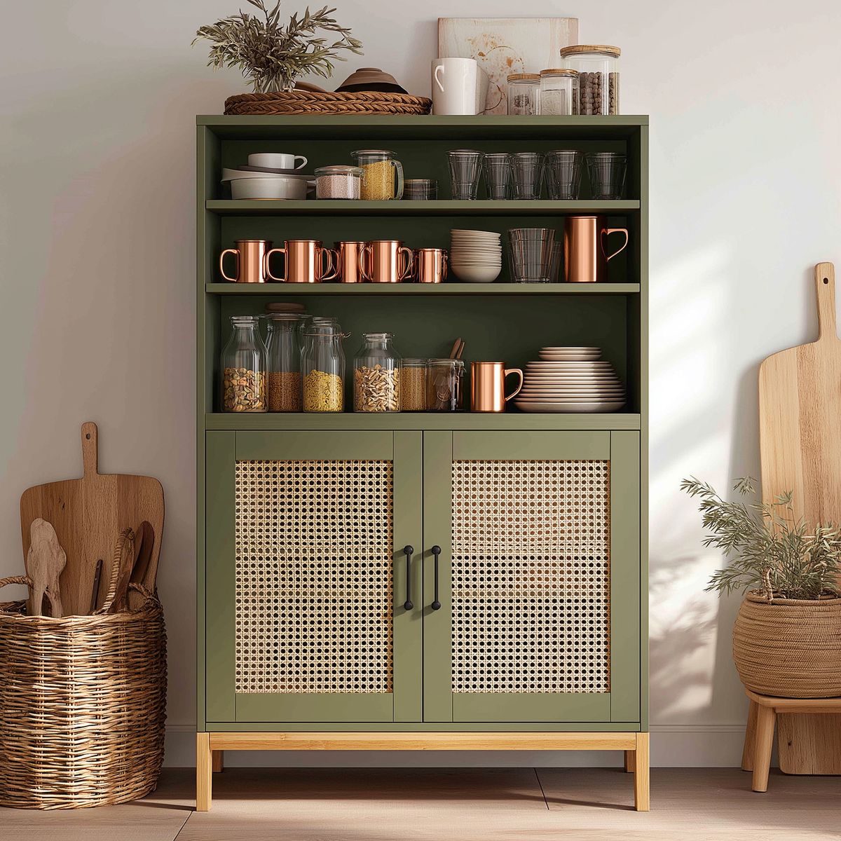 Bohemian Olive Green and Wood Crockery Unit Design with Open Display ...