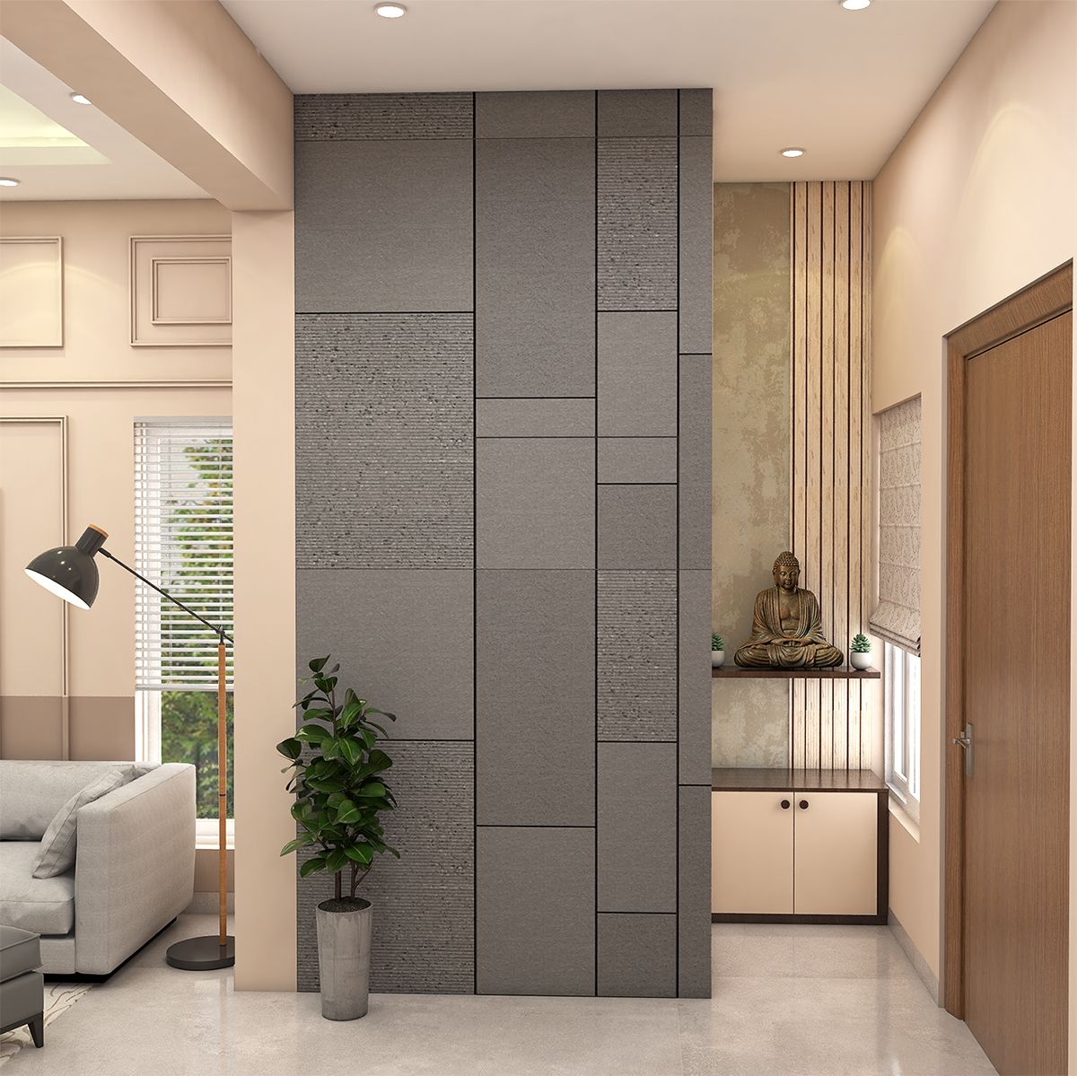 Contemporary Foyer Design with Stone Feature Wall and Zen Decor | Livspace