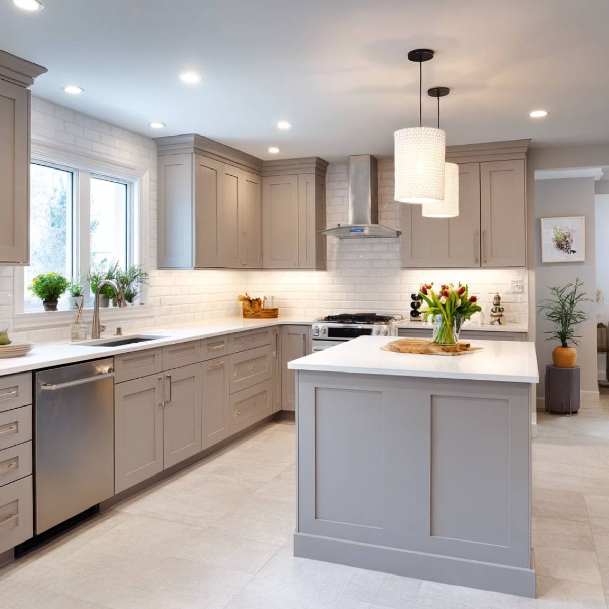 Classic Island Kitchen Design with Grey Cabinets and Quartz Counter ...