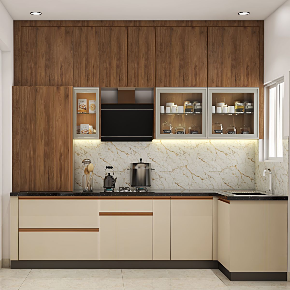 L-Shaped Contemporary Kitchen Design in Cream with Granite Countertop ...